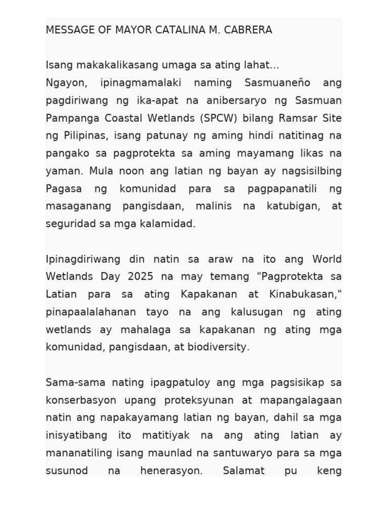 Message of Mayor Catalina m Spcw Anniv | PDF
