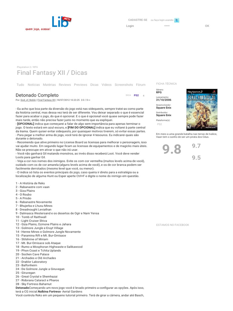 Dicas e Detonado de Final Fantasy XII | PDF