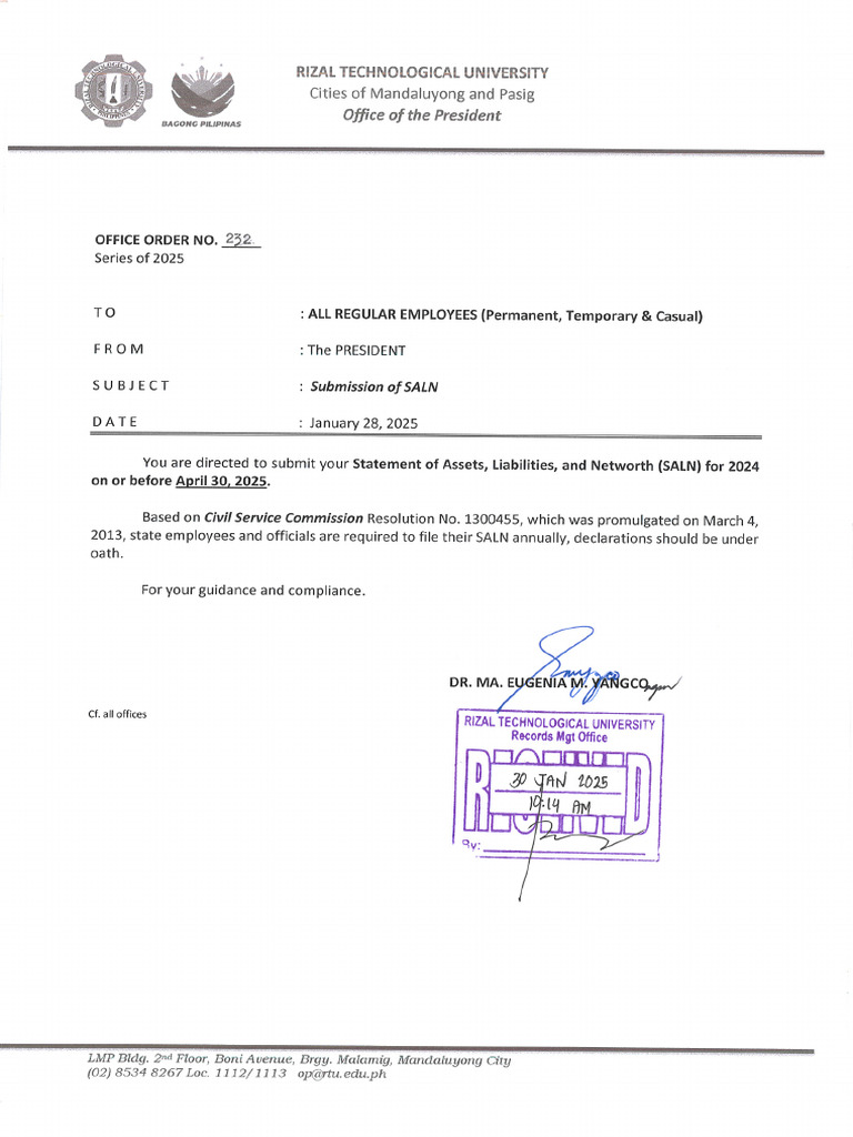 OFFICE-ORDER-NO.-232-S.-2025-Submission-of-SALN | PDF