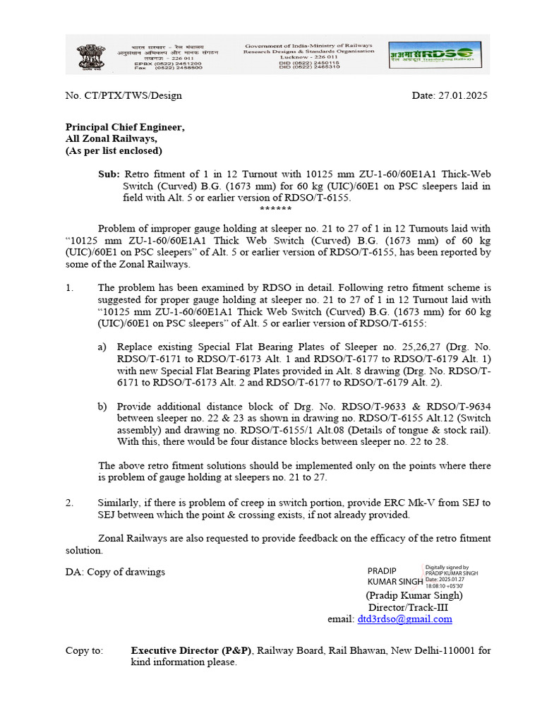 Retrofitment Letter DT 27012025 | PDF | Rail Transport | Railway Companies