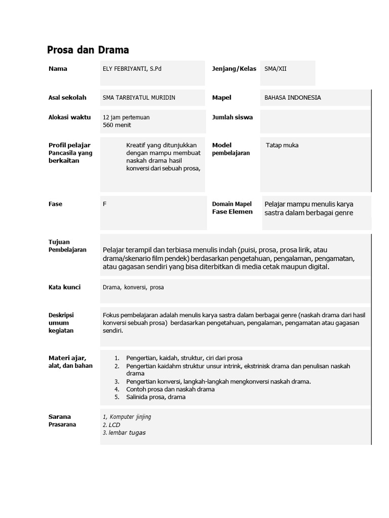 MODUL AJAR KELAS 12 MATER Prosa | PDF
