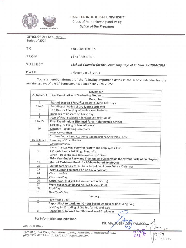 OFFICE ORDER NO. 3028, S. 2024 - School Calendar For The Remaining Days ...