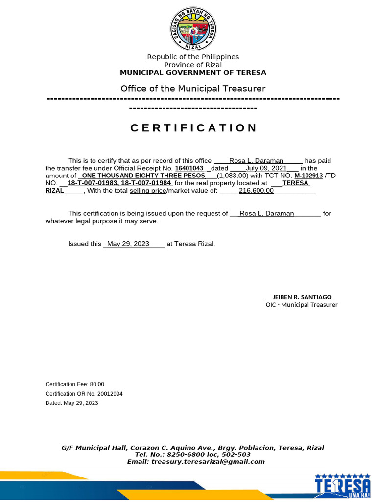Certification of Transfer Fee Payment | PDF