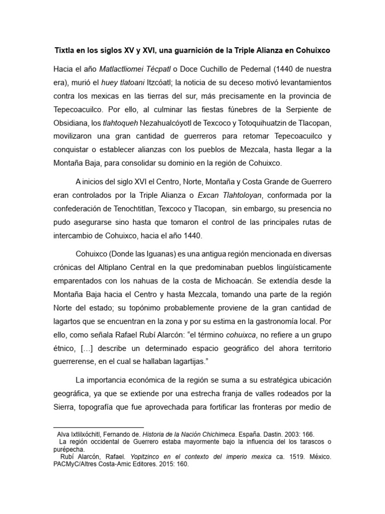 Tixtla en Los Siglos XV y XVI, Una Guarnición de La Triple Alianza en ...