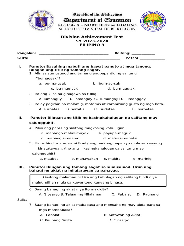 Filipino3 DAT Test | PDF