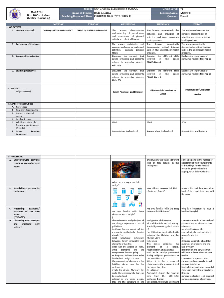 DLL_MAPEH 6_Q4_W1 | PDF | Dances | Learning