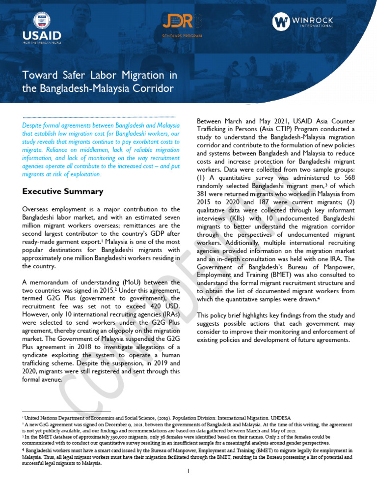 Toward Safer Labor Migration in The Bangladesh-Malaysia Corridor | PDF ...