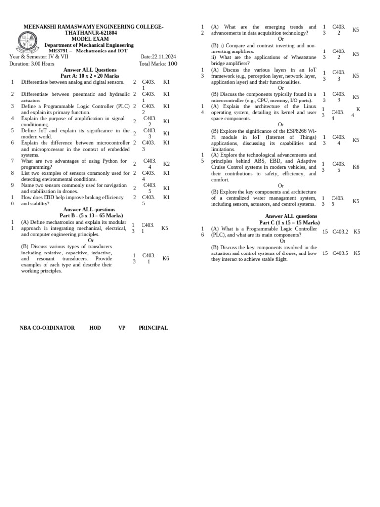 Mechatronics and IoT Model Exam Paper | PDF | Mechatronics ...