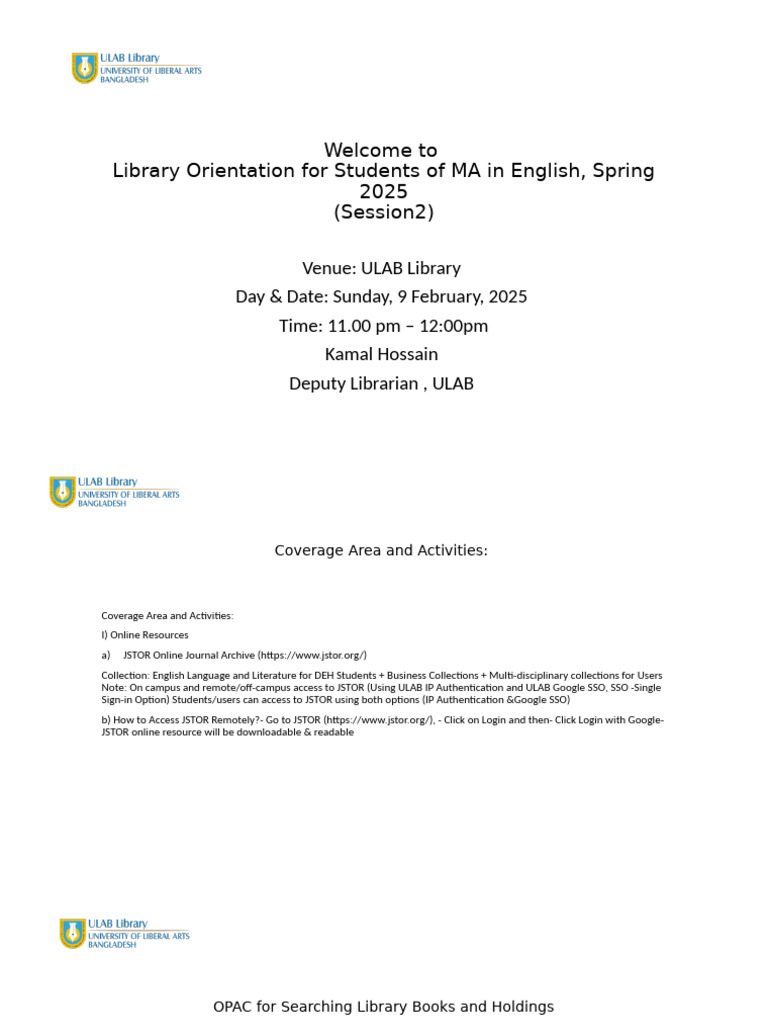Library Orientation for MA in English Students- Spring 2025-(Session2) | PDF | Libraries | Turnitin