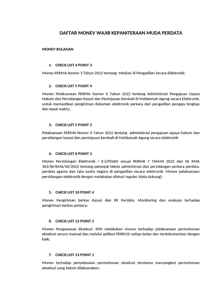 Daftar Monev Wajib Kepaniteraan Muda Perdata | PDF