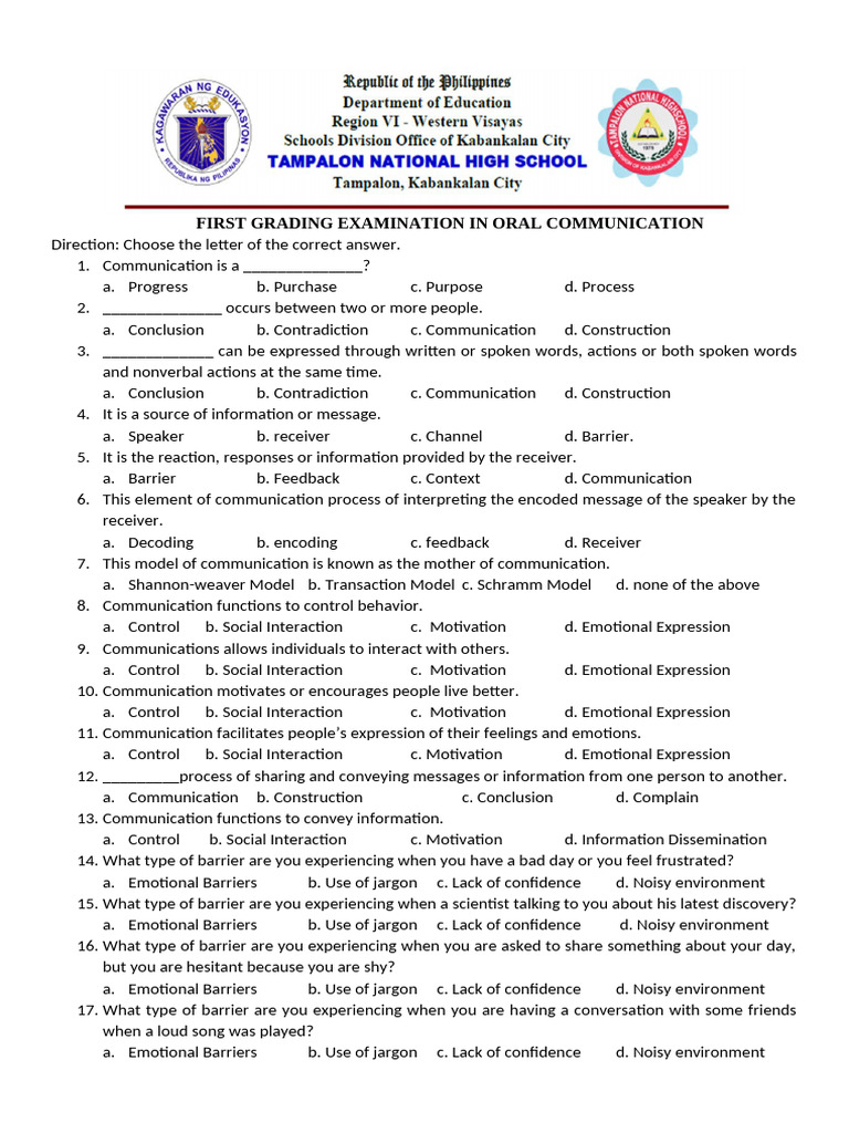1st Grading Exam in Oral Com | PDF | Communication | Information