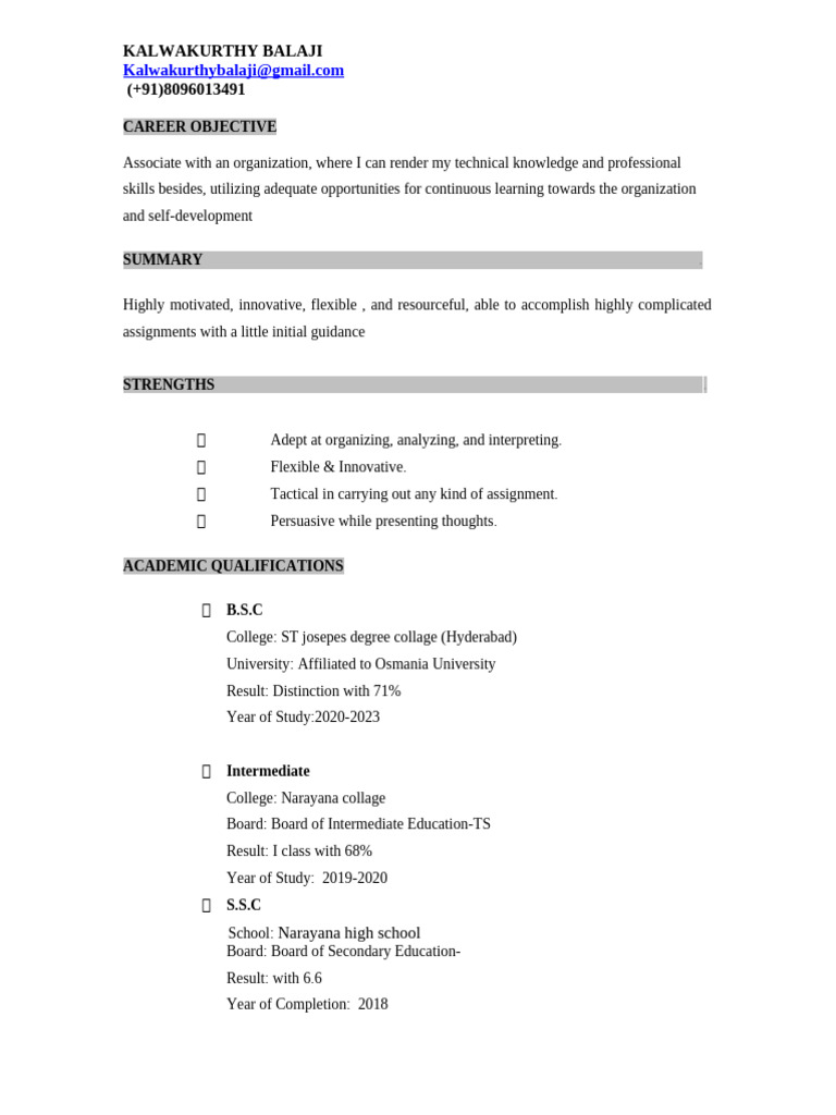 Kalwakurthy Balaji Resume Summary | PDF