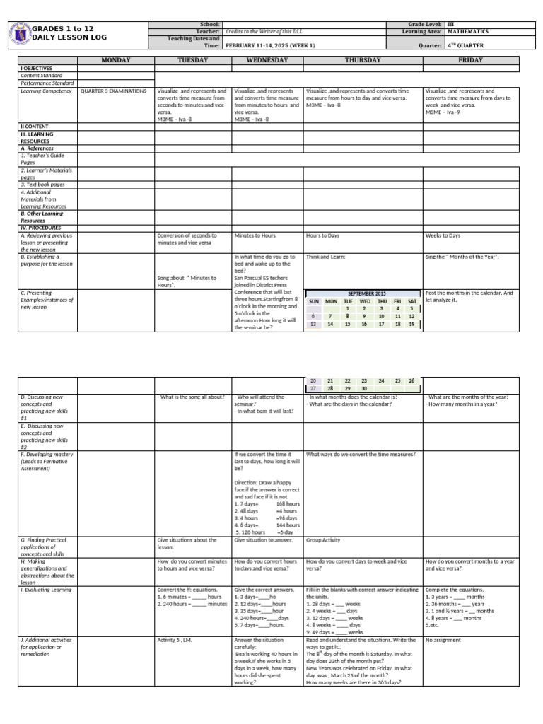 DLL - Mathematics 3 - Q4 - W1 | PDF | Learning | Cognition