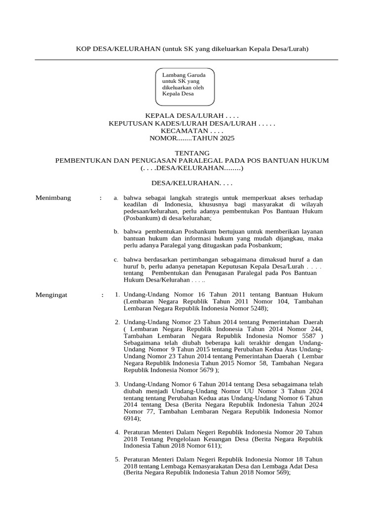 SK Kades Lurah Pembentukan Posbankum | PDF