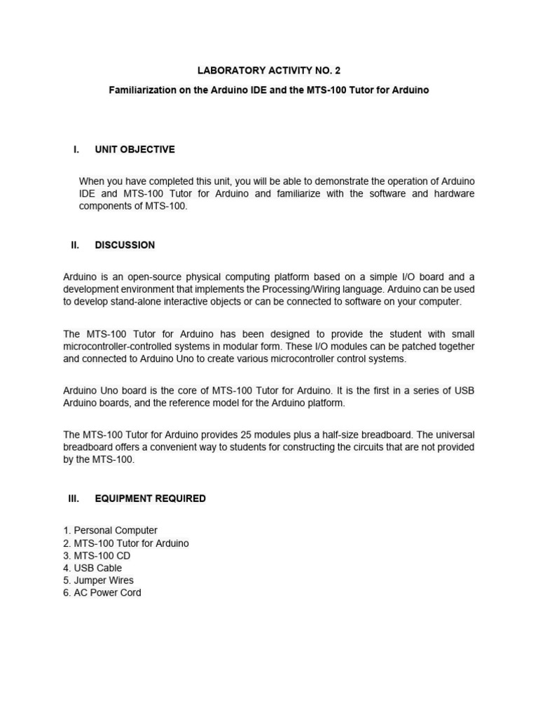 LA No. 2 - Familiarization on the Arduino IDE and the MTS-100 Tutor for Arduino | PDF | Arduino ...