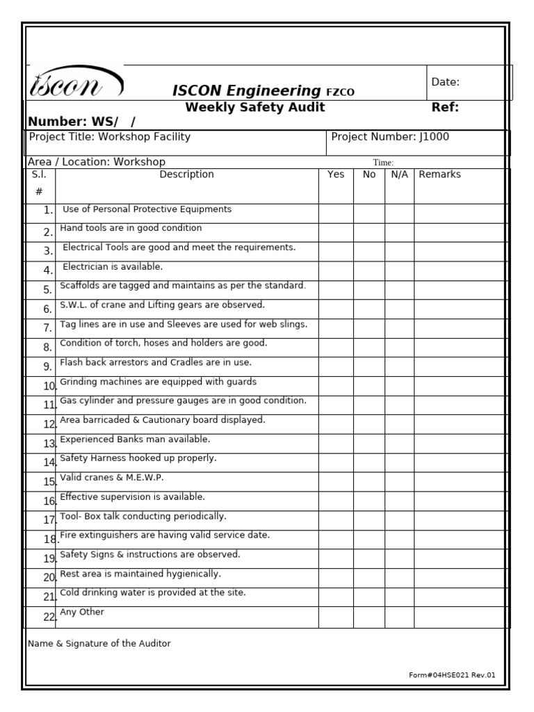Weekly Safety Audit for Workshop Facility | PDF