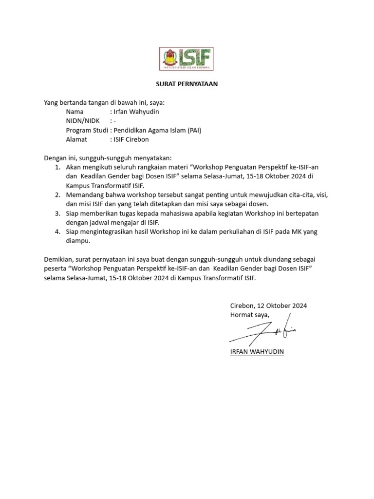 SURAT PERNYATAAN Workshop Perspektif Irfan Wahyu | PDF