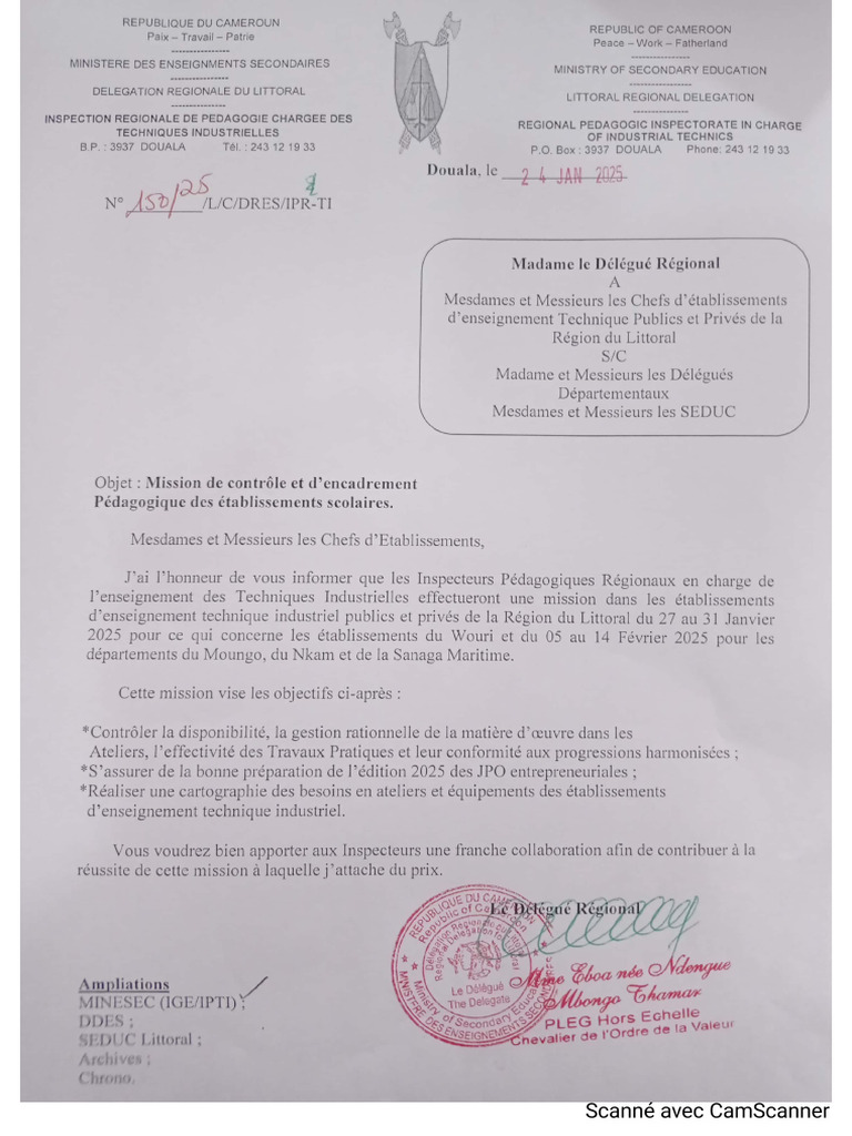 Mission de Contrôle Des Ateliers Et d'Encadrement Pédagogique Dans Les ...