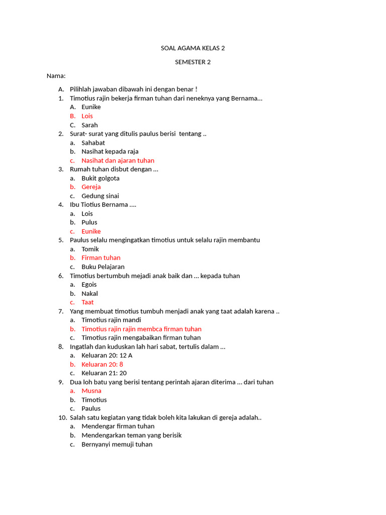 SOAL AGAMA KELAS 2 - Ulangan Teramia - Semester 2 | PDF