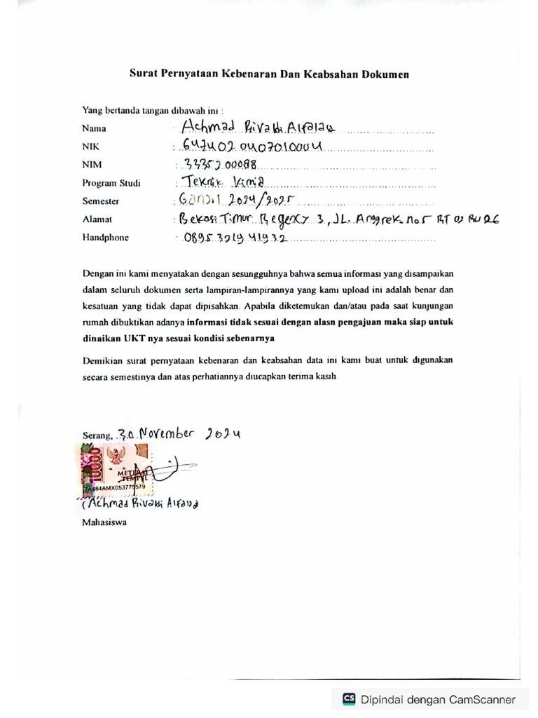Surat Pernyataan Kebenaran Dan Keabsahan Dokumen | PDF