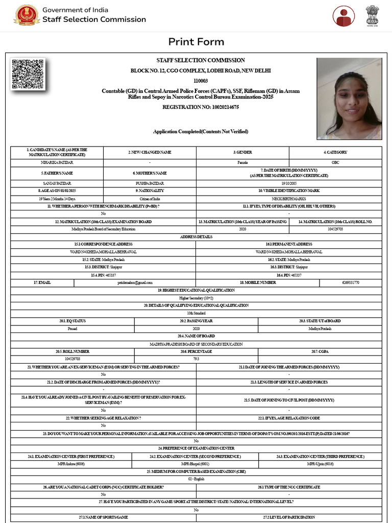 Niharika Cisf Ssc 2024 Oct | PDF