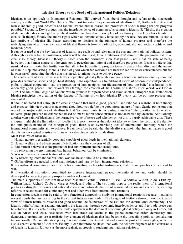 Idealist Theory To The Study of International Politics | PDF | Idealism | Peace