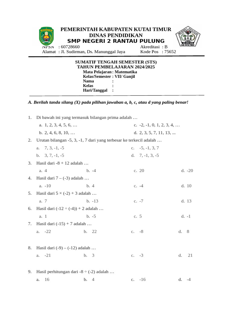 Soal Matematika Kelas 7 Semester 1 | PDF