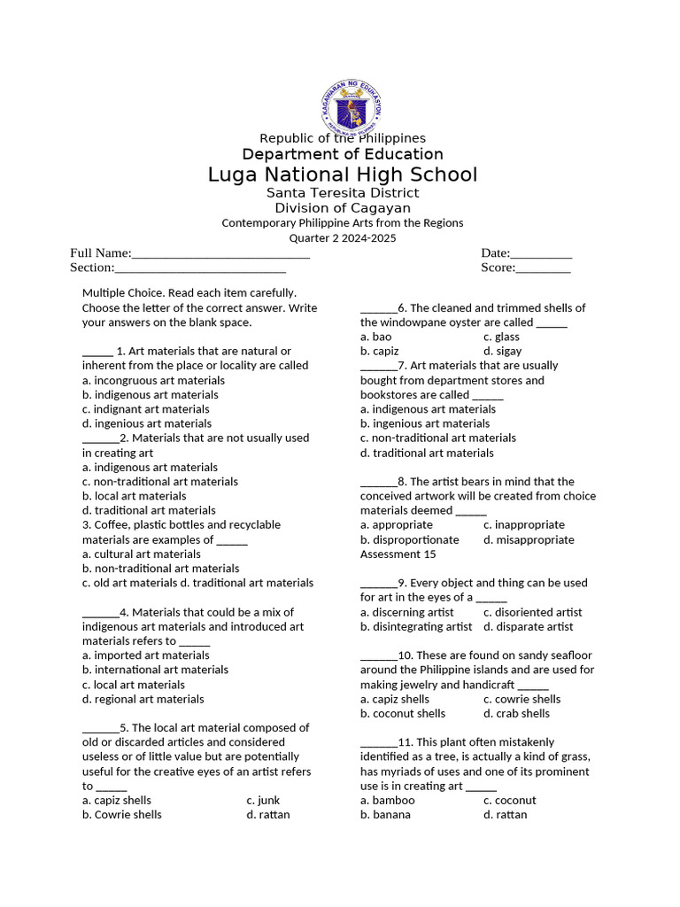 cpar-2nd | PDF | Pottery | Multiple Choice