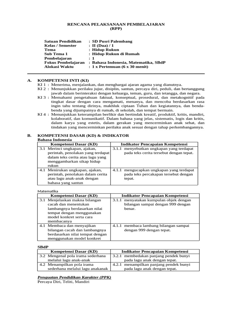 RPP SD Kelas 2 Tema 1 - Hidup Rukun | PDF