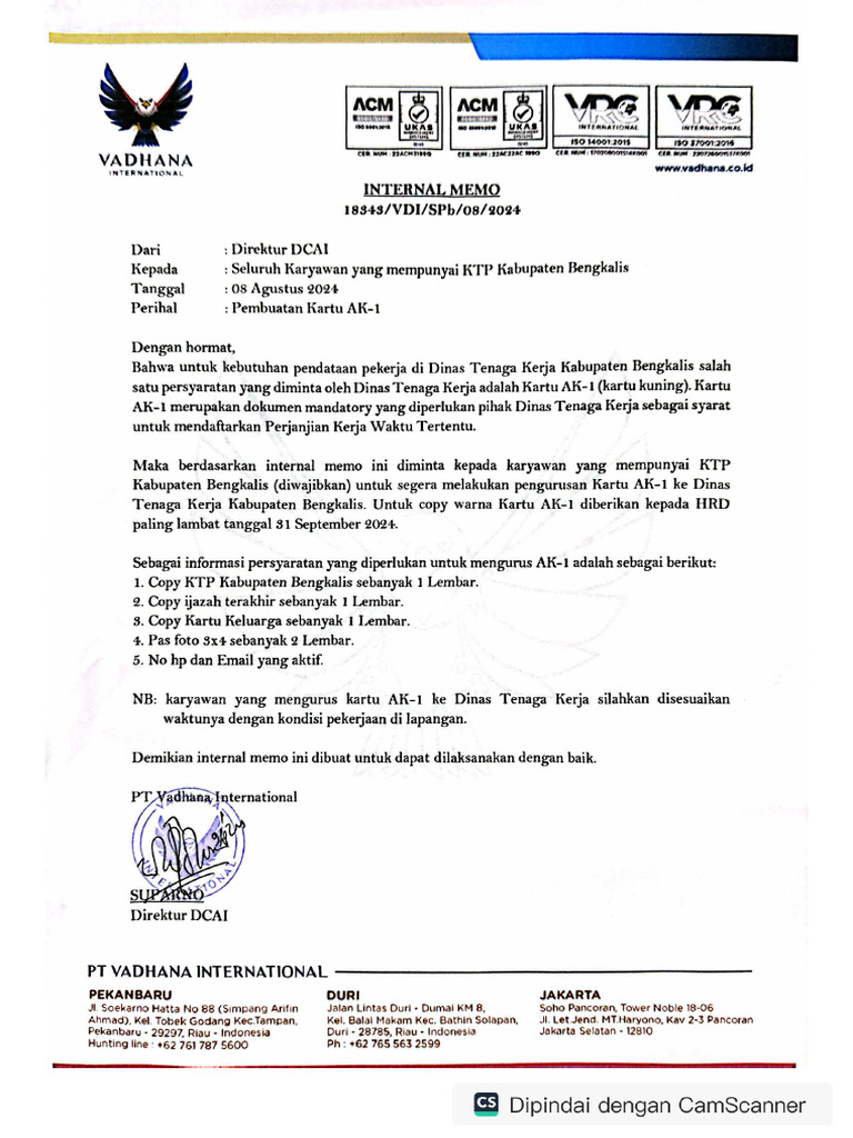 Internal Memo Pembuatan Kartu AK 1 | PDF