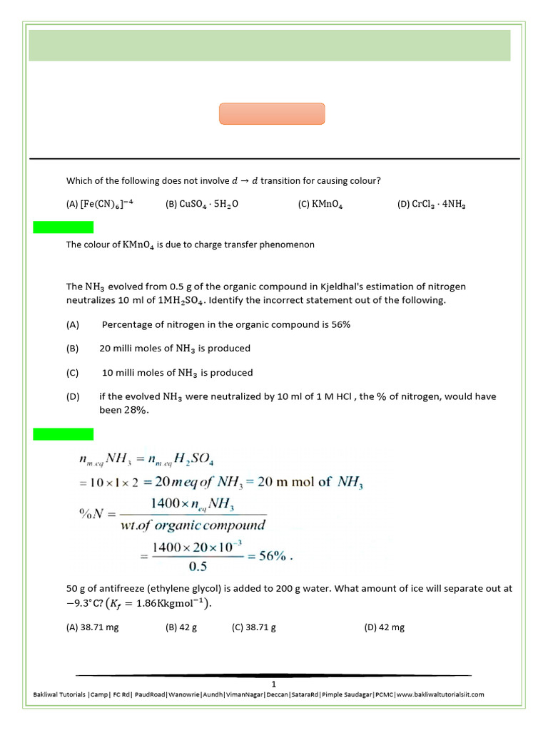C25 BTTS-11 (Mains) Chemistry Paper-1 | PDF | Chemical Equilibrium | Ammonia
