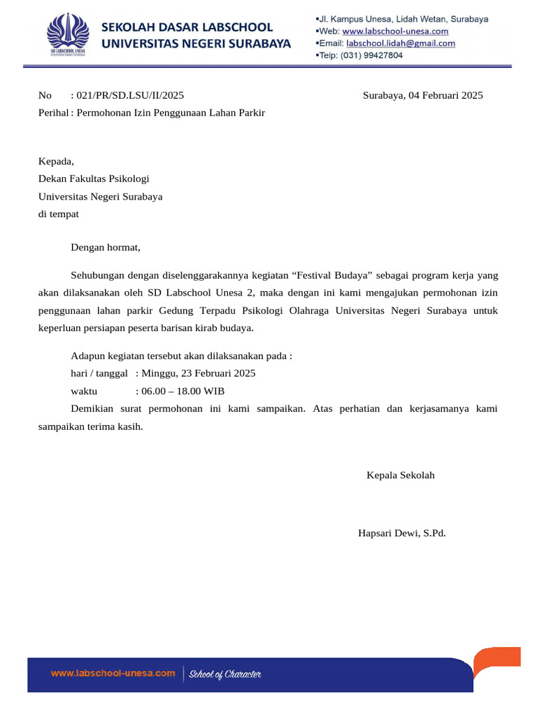 NO 021 Surat Permohonan Izin Penggunaan Lahan Parkir (1) | PDF