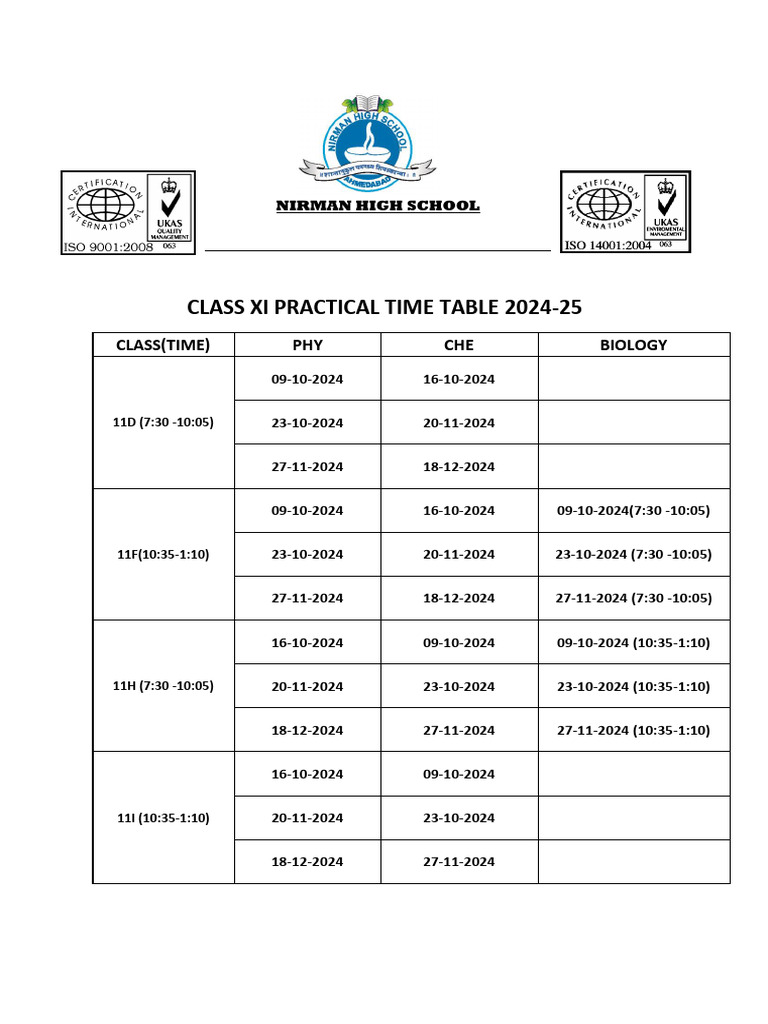 Class Xi Practical Time Table | PDF