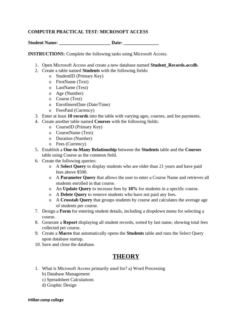 Microsoft Access Practical Test | PDF | Microsoft Access | Information ...