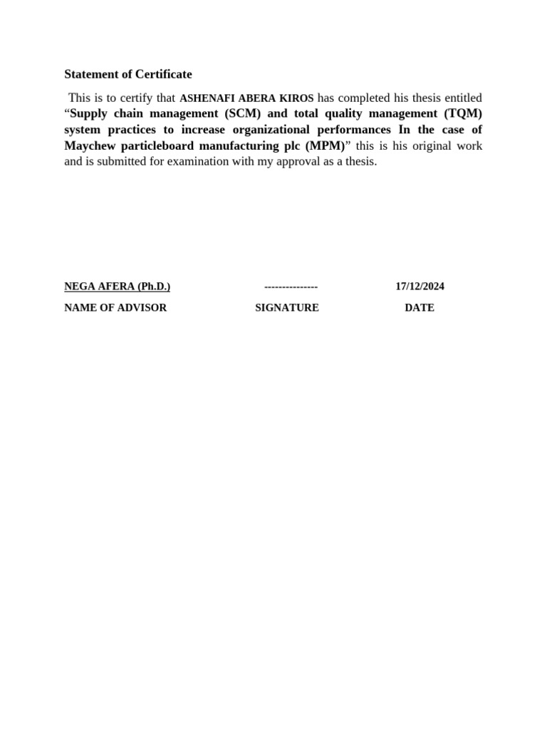 Statement of Certificate This is to Certify That HABTOM GEBREMEDHIN GEBREWAHD Has Completed His ...