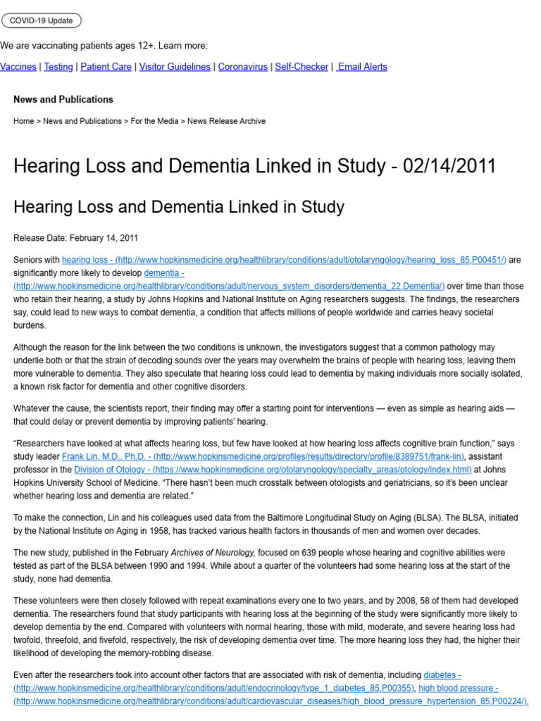 Hearing Loss Increases Dementia Risk | PDF | Dementia | Hearing Loss