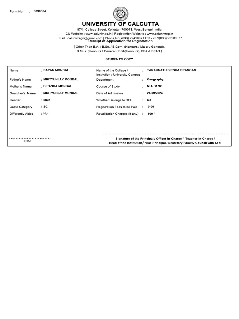 University of Calcutta: Receipt of Application For Registration | PDF