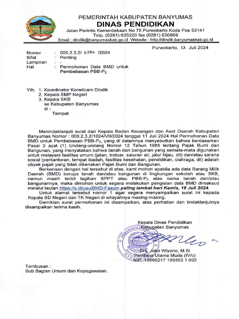 Surat Permohonan Data BMD untuk Pembebasan PBB-P2 atau SPPT | PDF