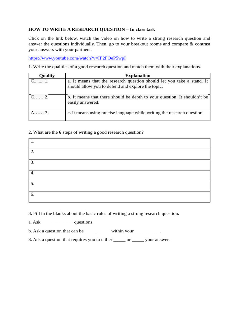 HOW TO WRITE A RESEARCH QUESTION - Student | PDF