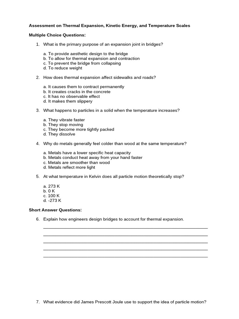 Thermal Expansion and Energy Quiz | PDF | Temperature | Heat