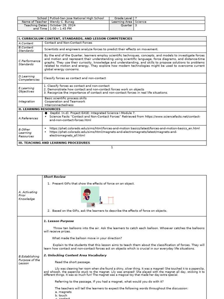 Contact and Non-Contact Forces Lesson Plan | PDF | Force | Learning