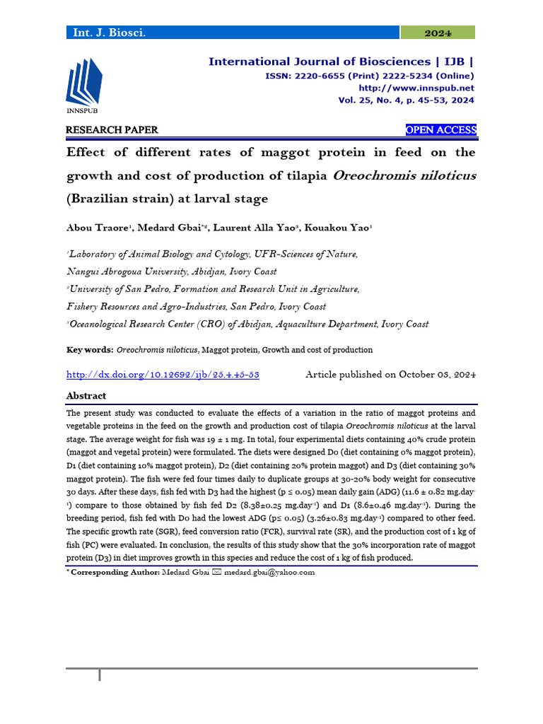 Effect of Different Rates of Maggot Protein in Feed On The Growth and ...