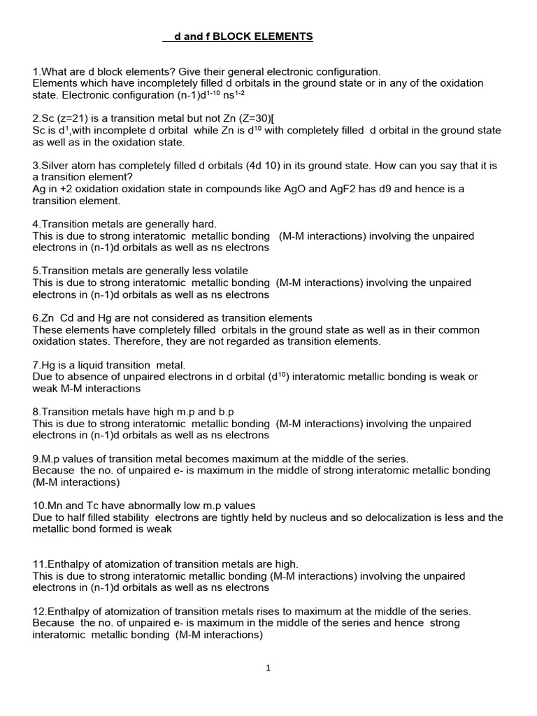 d BLOCK | PDF | Transition Metals | Chemical Bond