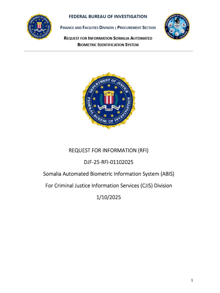 CJIS Somalia ABIS RFI FY 2025 | PDF | Federal Bureau Of Investigation | American Government