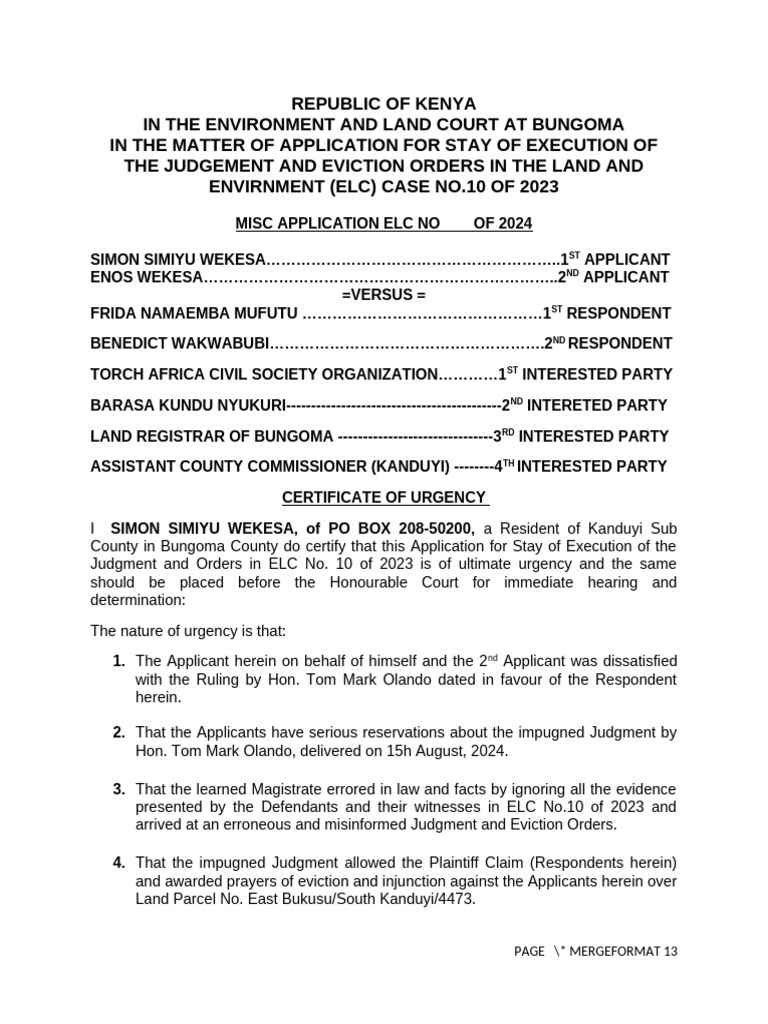 Application For Stay of Execution of The Judgement and Eviction Orders ...