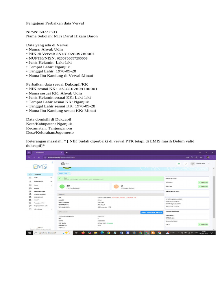 Pengajuan Perbaikan Data Verval | PDF