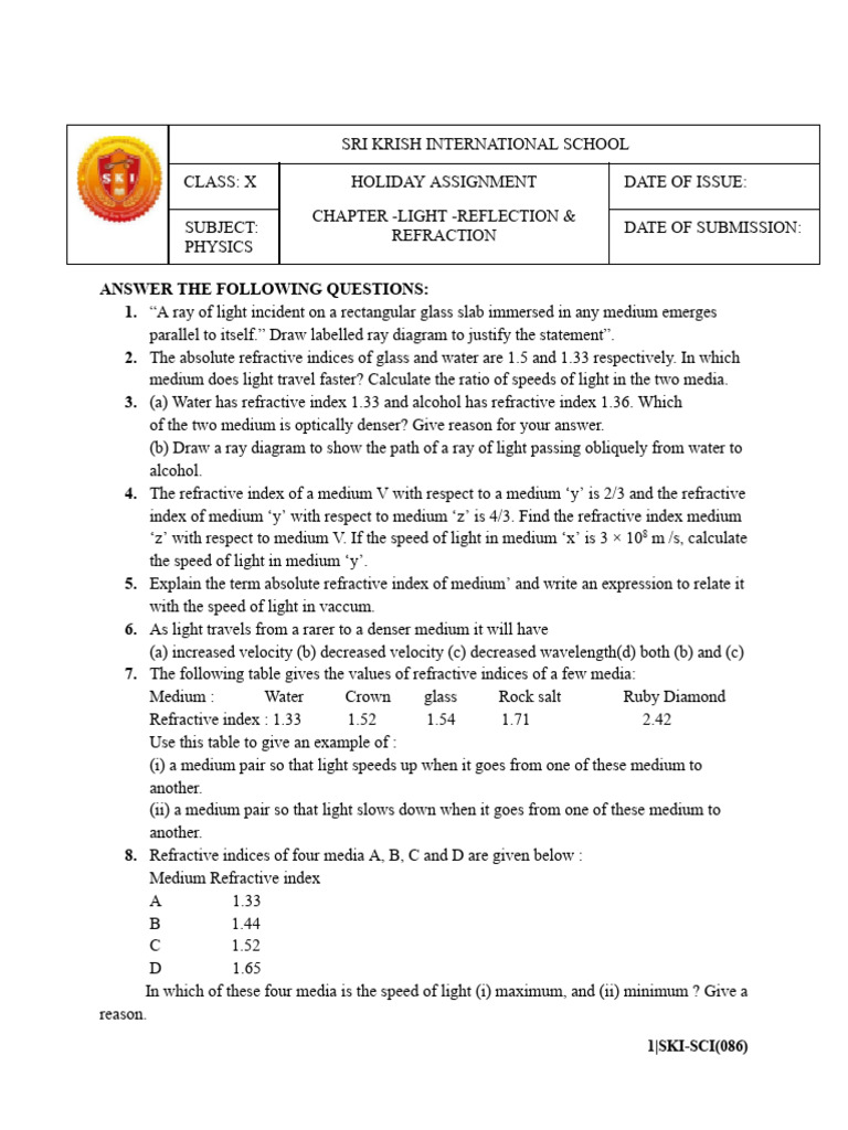 Physics Holiday Assignment | PDF | Refractive Index | Refraction