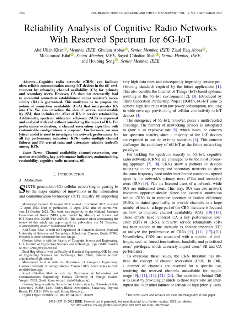 Reliability Analysis of Cognitive Radio Networks With Reserved Spectrum For 6G-IoT | PDF ...