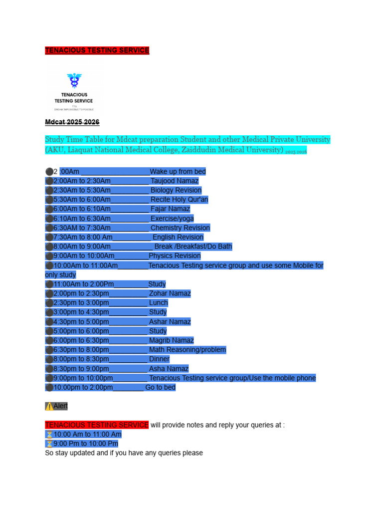 MDCAT Study Schedule 2025-2026 | PDF
