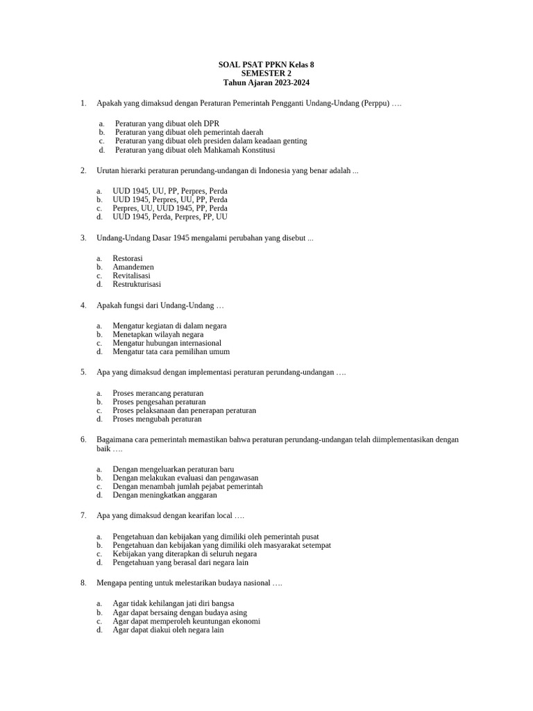 SOAL PSAT PPKN Kelas 8 | PDF